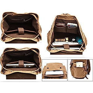 PNMNBW Canvas Backpack Rucksack Genuine Leather Casual Daypack College Bookbag for Men Women Outdoor Cycling Hiking Travel Laptop Khaki