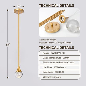 PARTPHONER LED Crytal Pendant Light, 1-Light Gold Hanging Light Fixture with Brushed Brass Finish, Mini Glass Globe Teardrop Pendant Lighting for Kitchen Island Dining Room Bedroom Bar