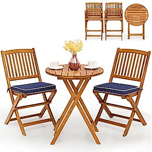 S AFSTAR Outdoor Bistro Table and Chairs Set of 2, Acacia Wood Folding Bistro Table Chairs Set W/Round Coffee Table & Padded Cushion, Small Bistro Table Set for 2 Outdoor Porch Patio Poolside (Navy)