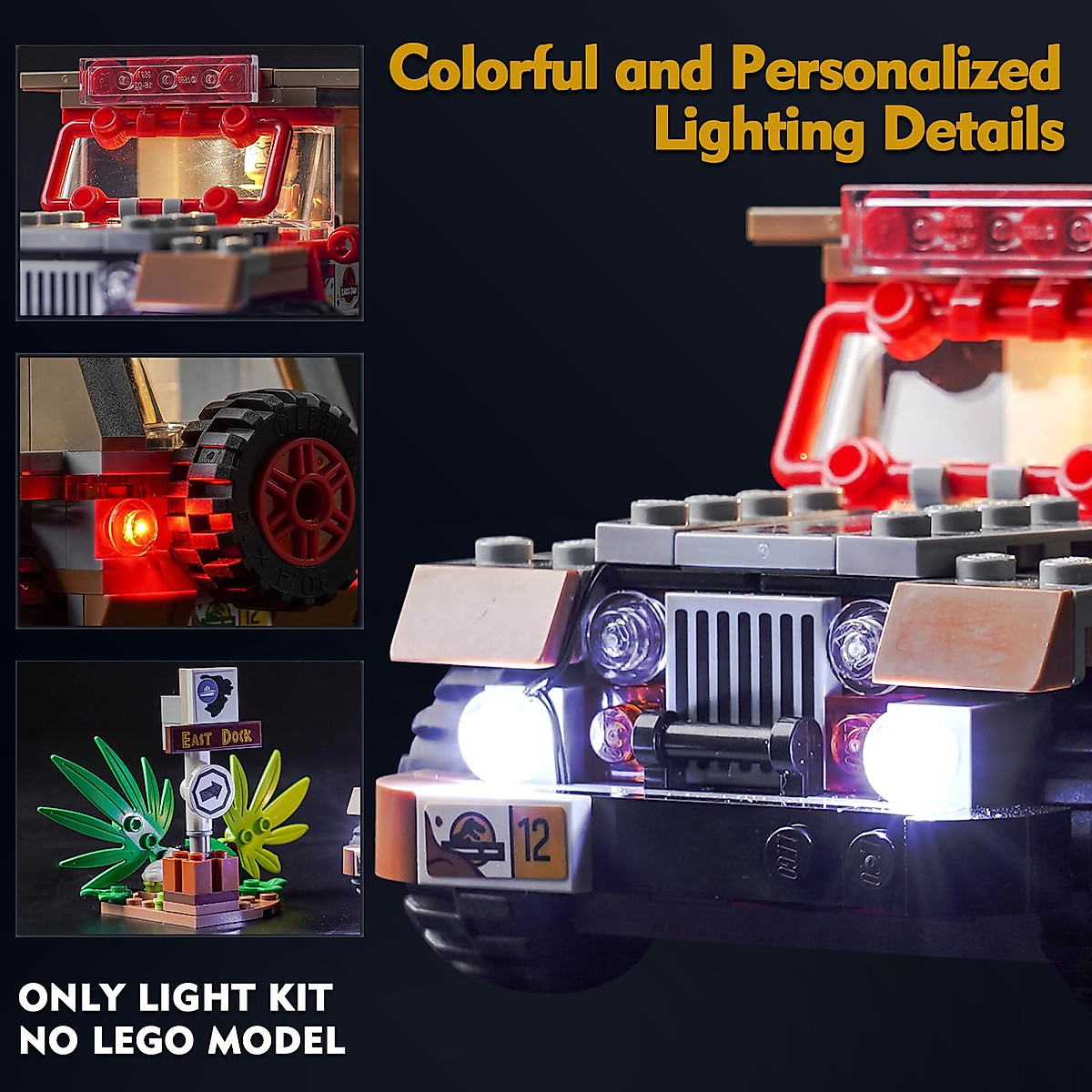 LocoLee LED Light Kit Compatible withLego Dilophosaurus Ambush 76958 (NO Model), DIY Decor Lighting Compatible with 76958 Lego Dinosaur Jeep Car (ONLY Lights)