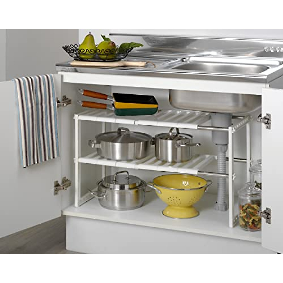 COELO Under Sink Organizer 2-Tier Expandable Shelf Kitchen Bathroom Cabinet Multi-purose Storage Standing Rack, White