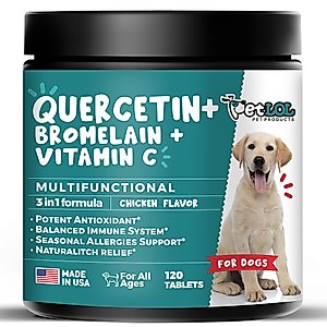 PET LOL Quercetin for Dogs with Bromelain and Vitamin C | 3-in-1 Supplement for Dog Allergies, Immune Support, Itch Relief, Promote Inflammatory Relief & Antioxidant Activity | 120 Chewable Tablets