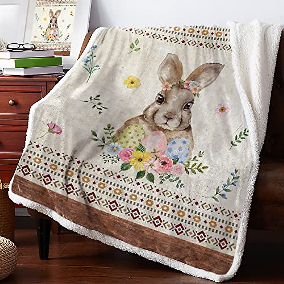 Fantasy Staring Easter Bunny Sherpa Fleece Throw Blanket - Farmhouse Easter Eggs Rabbit Spring Flower Fluffy Super Soft Microfiber Blanket Fuzzy Blanket for Couch Bed Sofa 50 x 80 Inches