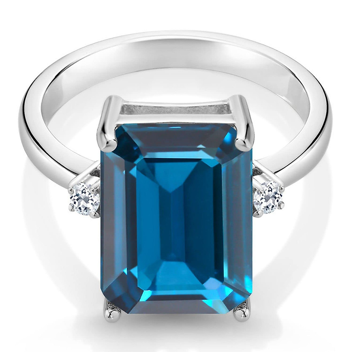 Gem Stone King 925 Sterling Silver London Blue Topaz and White Topaz Ring For Women | 9.58 Cttw | Emerald Cut 14x10MM | Gemstone Birthstone | Available In Size 5, 6, 7, 8, 9