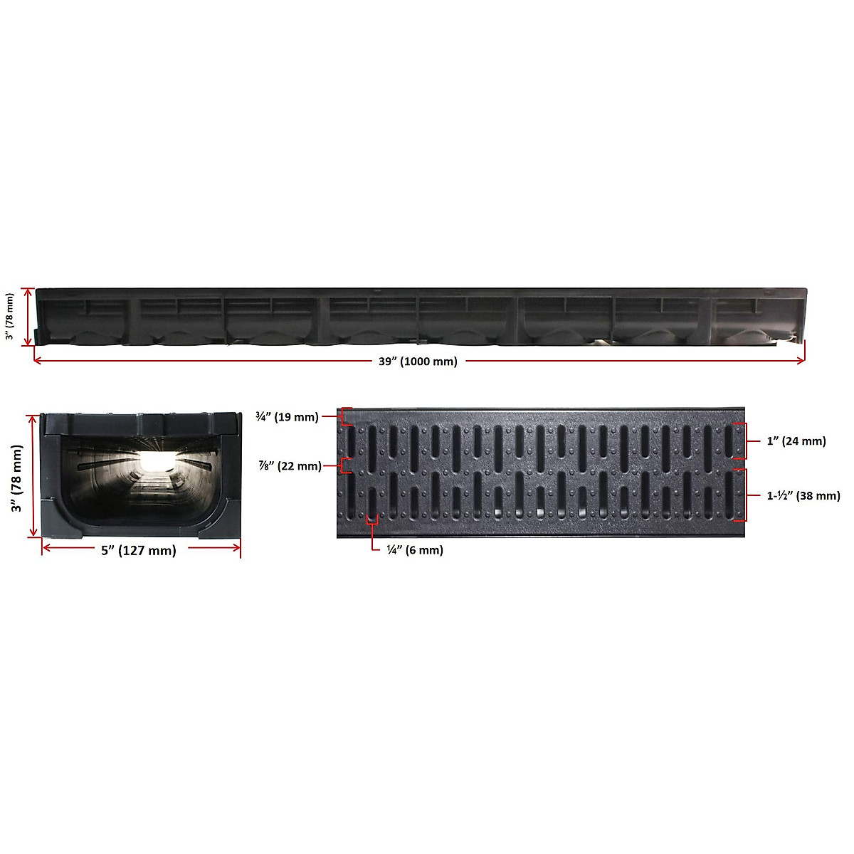 Drainage Trench - Channel Drain with Grate - Black Plastic - 3 x 39 - (117" Total Length)