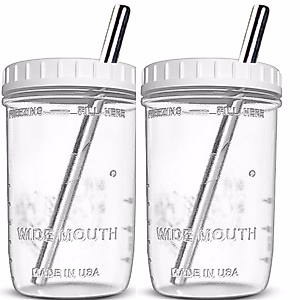 Jarming Collections Travel Glass Reusable Smoothie Cups with Lids and Straws - Glass Smoothie - Mason Jar with Lid and Straw, Freezer Safe Smoothie Wide Mouth Mason Jar Drinking Glasses, (2, 16oz)