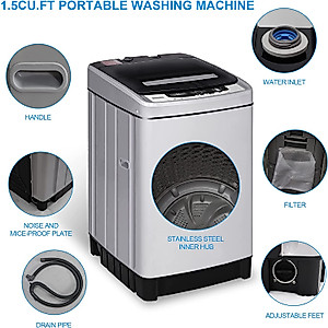 KUMIO 1.5 Cu.ft Washing Machine, 11Lbs Automatic Portable Washer with 8 Wash Programs 10 Water Levels, LED Display, Built-in Drain Pump, Compact Washing Machine for Apartment RV Dorm, Grey