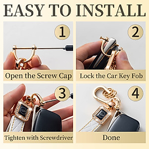 CACARLIKE Universal Leather Car Keychain for Women Men, Extended Car Lanyard Key Fob Holder with 3 Keyrings, Anti-lost D-ring and Carabiner Clip Car Accessories, Pink