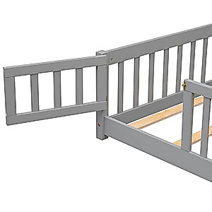 Twin Size Floor Platform Bed with Fence, Wooden Playpen Bed for Kids, Kids Fence Bed with Door, No Box Spring Needed (Grey)