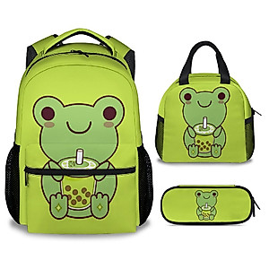 COOPASIA Frog Backpack with Lunch Box and Pencil Case, 16 Inch Frog Theme Bookbag with Adjustable Straps, Durable, Lightweight, Large Capacity, School Backpack for Girls Women