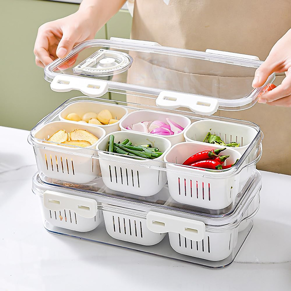 Mimeile Fruit Serving Trays with Lid Divided Veggie Tray Snack Serving Platter Vegetable Storage Box Draining Basket Fridge Organizer Container for Salad Cooking Party Picnic Travel
