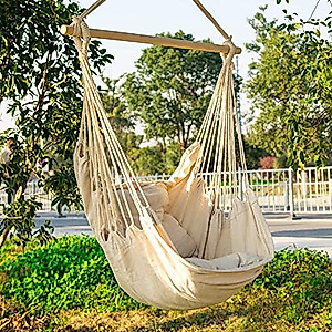 Hammock Hanging Swinging Chair, Hanging Chair for Bedroom - Max 265 Lbs - Balcony with Thick Cushion Beige - Steel Spreader Bar with Anti-Slip Rings - for Any Indoor or Outdoor Spaces (Beige)