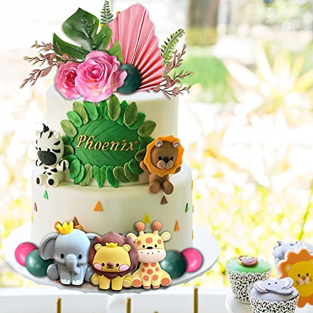 UFROMSKY 22pcs Safari Jungle Animal Cake Toppers Flower Balls Cake Decoration with Boho Palm Leave Forest Animal Toys and Artificial Flowers for Boys Girls Safari Theme Birthday Party Supplies