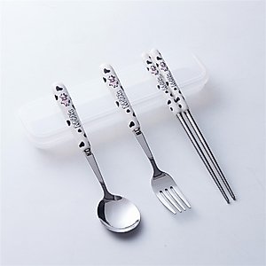 SENIDIKE Cute Colorful Silverware Set, Milk Cow Series Ceramic Handle Dinnerware Set Flatware Kitchen Accessories Camping Travel Sets Fork Spoon Chopstick Portable Silverware Set with Case (Color : W