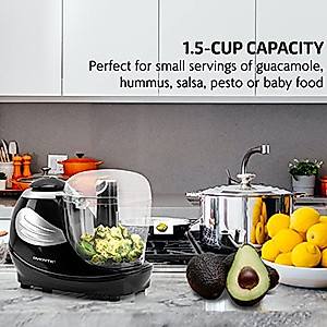 OVENTE Mini Electric Food Processor and Salad Vegetable Shake Mixer 1.5 Cup With Stainless Steel Blades Grater Slicer Chopper Juicer blenders and Emulsify Accessories Black PF1007B