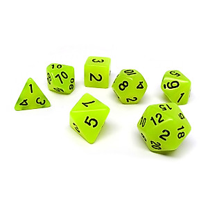 Glow in The Dark Polyhedral Dice Set - 7 Piece Dice Set with One D20, D12, D10, D8, D6, D4, and D00 (Yellow with Black Font)