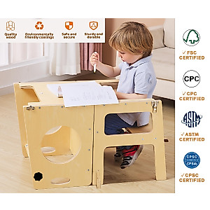Foldable 4-in-1 Study Tower with Chalkboard for Learning, Montessori Kitchen Step Stool Toddlers Folding Stool for Kids 1-6years Ideal Helper