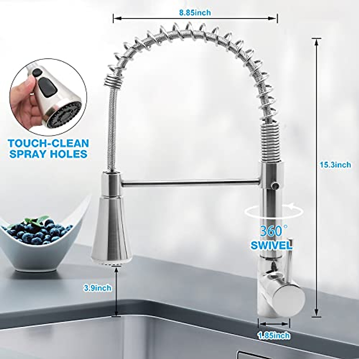 Silver Kitchen Faucet Commercial Solid Brass Brushed Nickel Kitchen Tap - 3 Spray Modes Kitchen Sink Faucets, Single Handle 360º Swivel Single Hole Kitchen Faucet