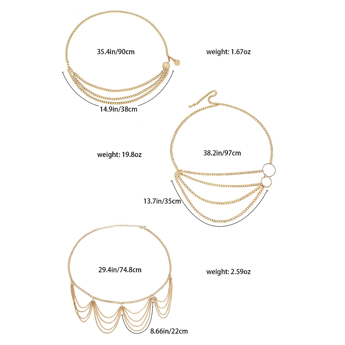 3 Pieces Belly Waist Chain Multi Layer Metal Waist Chain Body Summer Beach Chain for Women and Girls (Tassel Style)