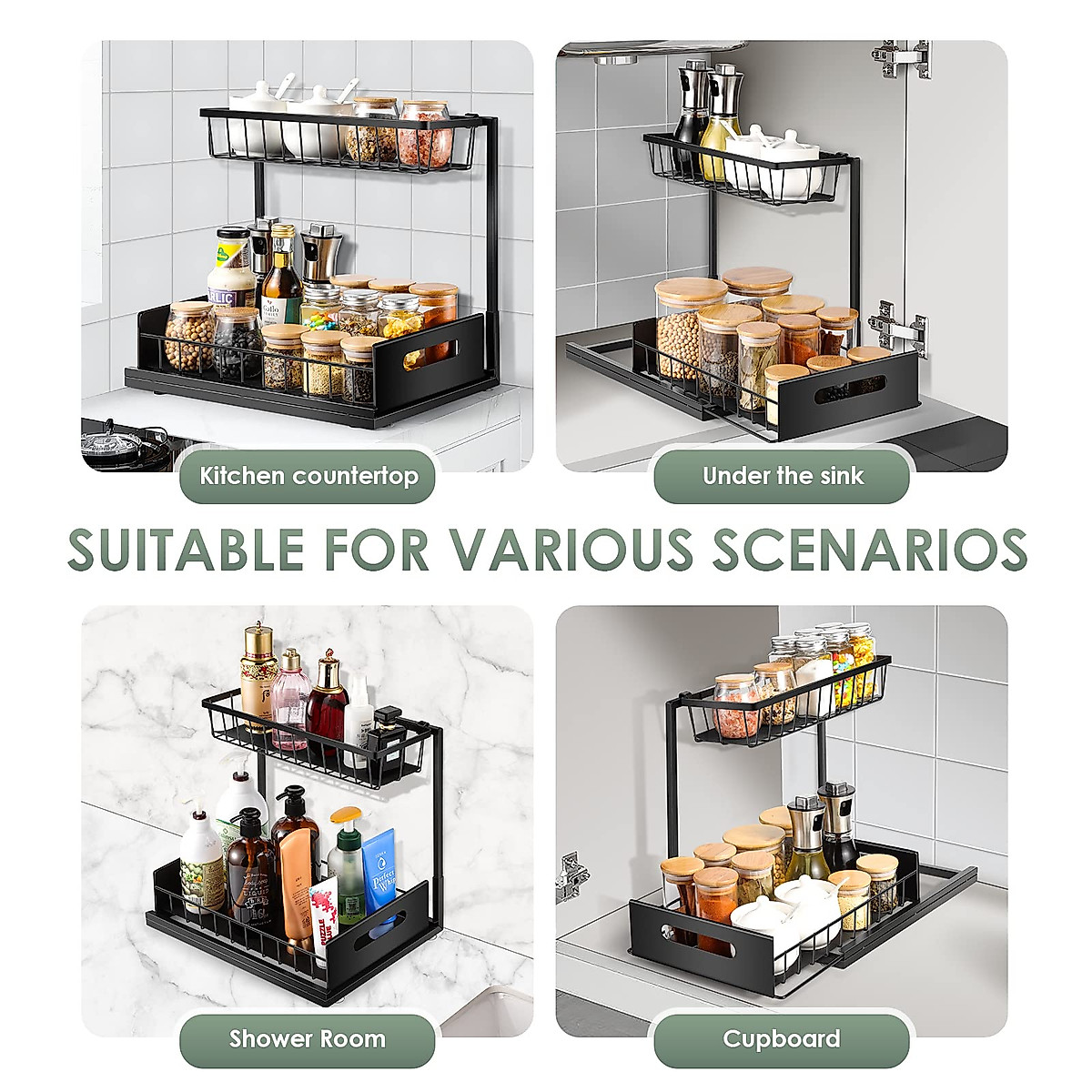 Under Sink Organizer, 2-Tier Pull Under The Sink Storage Organizer, Sliding Organizer Under Sink, For Under Sink Kitchen Organizers and Storage -black…