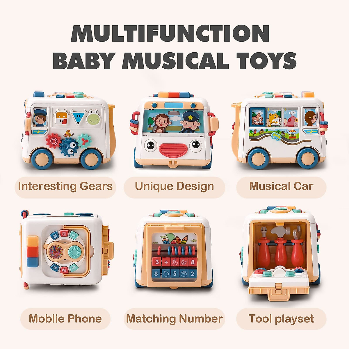 OWNONE 1 Baby Activity Cube Toy, Musical School Bus Toy for Toddlers 1-3, Learning Music Toy Birthday Gift for Baby Boys & Girls 1 2 3 Years Old