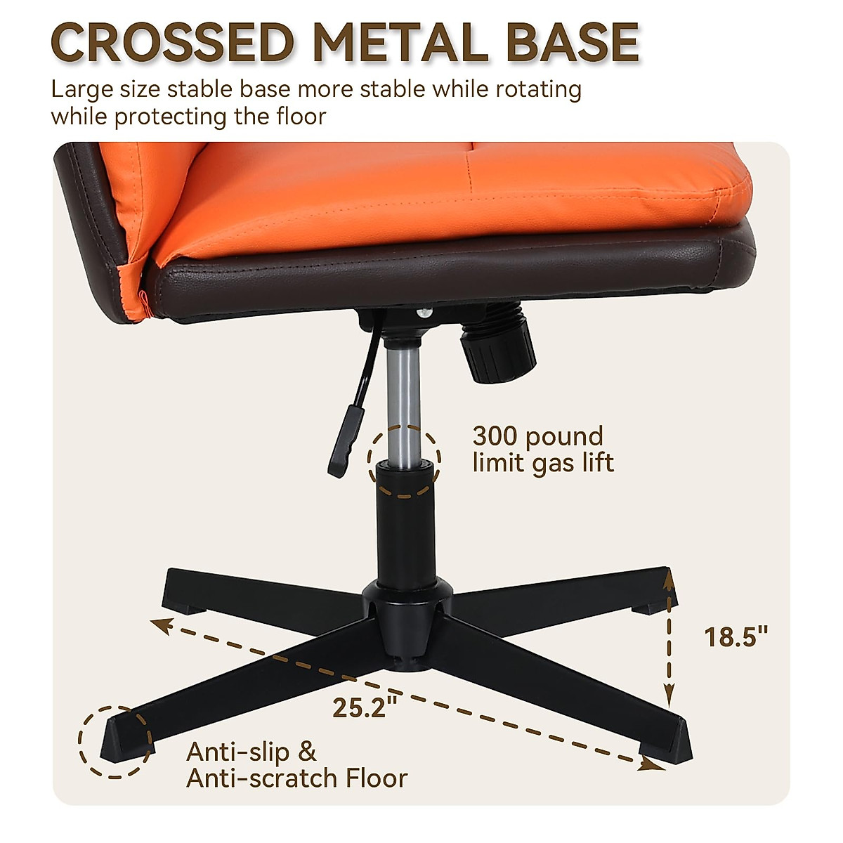 ELECWISH Criss Cross Office Chair, Armless Cross Legged Desk Chair No Wheels, PU Leather Applesauce Office Chair Wide Padded Home Office Chair for Bedroom, Living Room(Orange+Brown)