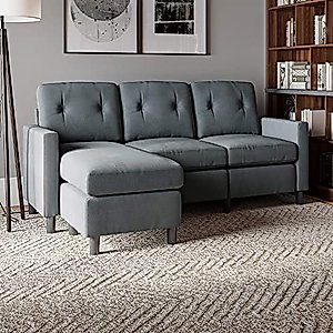 BELLEZE 3 Piece Convertible Sectional Sofa, Upholstered Fabric L Shaped Couch with Modular Chaise Lounge for Dorm Rooms, Apartments, Small Spaces - Altera (Dark Gray)
