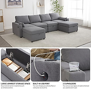 WOTSTA Modular Sectional Sofa Couch with Large Storage, Convertible U Shaped Sofa with USB Ports & Cup Holders, Deep Seat Couch with Wide Chaise, 6 Seat Sectional Couches for Living Room (Grey)