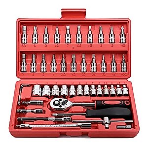 Egofine 46 Pieces 1/4 inch Drive Socket Ratchet Wrench Set, with Bit Socket Set Metric and Extension Bar for Auto Repairing and Household, with Storage Case