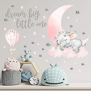 Yovkky Girls Sleeping Elephant Dream Big Little One Nursery Wall Decals Stickers, Watercolor Pink Moon Hot Air Balloon Grey Star Crib Decor, Home Baby Shower Toddler Room Decorations Kids Bedroom Art