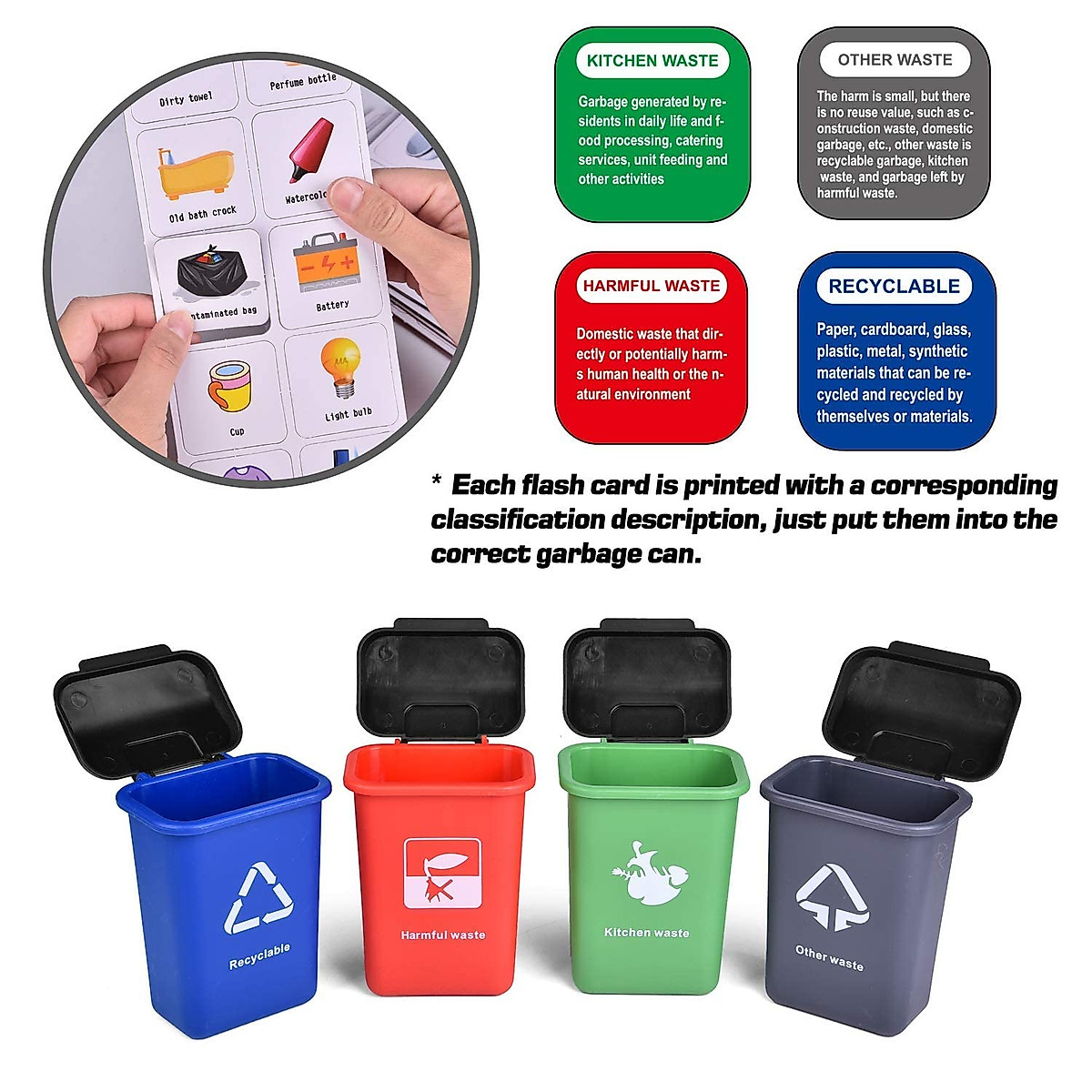 FUN LITTLE TOYS Garbage Truck Toy with 4 Rear Loader Trash Cans and Garbage Illustrated Flash Cards, Waste Management Recycling Truck Toy for Kids