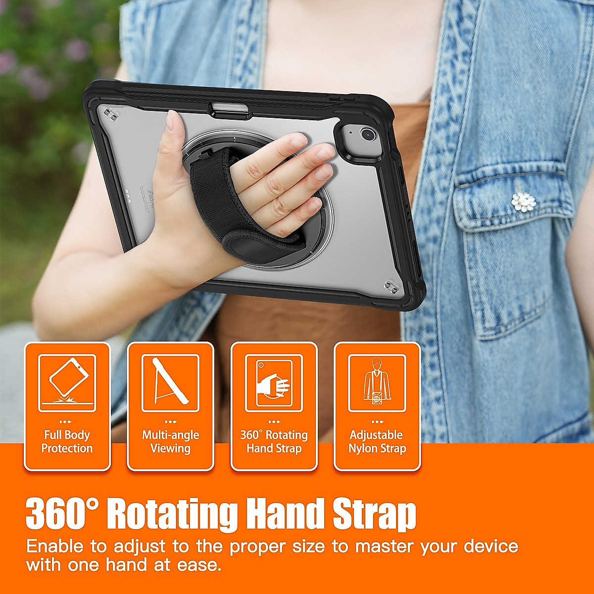 KYJX Tablet Case for iPad Pro 11 inch 2022/2021/2020/iPad Air 5th/4th, 360 Rotating Hand Strap Stand Heavy Duty Protective Cover with Shoulder Strap (Black)