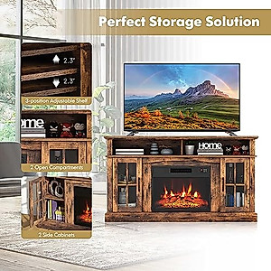 COSTWAY Electric Fireplace TV Stand for TVs Up to 65 Inches, 1400W Heater Insert with Remote Control, 6H Timer, 3-Level Flame, Overheat Protection and CSA Certification, Adjustable Shelves, Brown