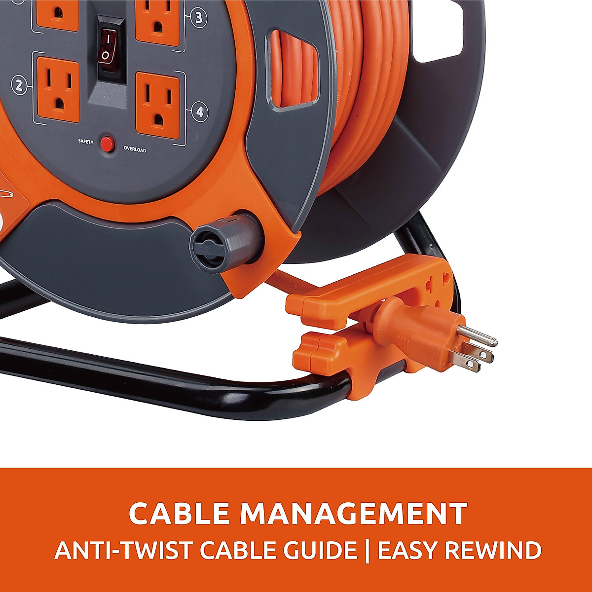 Link2Home Cord Reel 80 ft. Extension Cord 4 Power Outlets – 14 AWG SJTW Cable. Heavy Duty High Visibility Power Cord.