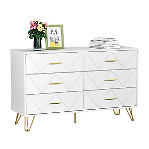 CARPETNAL White Dresser, Modern Dresser for Bedroom, 6 Drawer Double with Wide Drawers and Metal Handles, Wood Dressers & Chest of Hallway, Entryway.