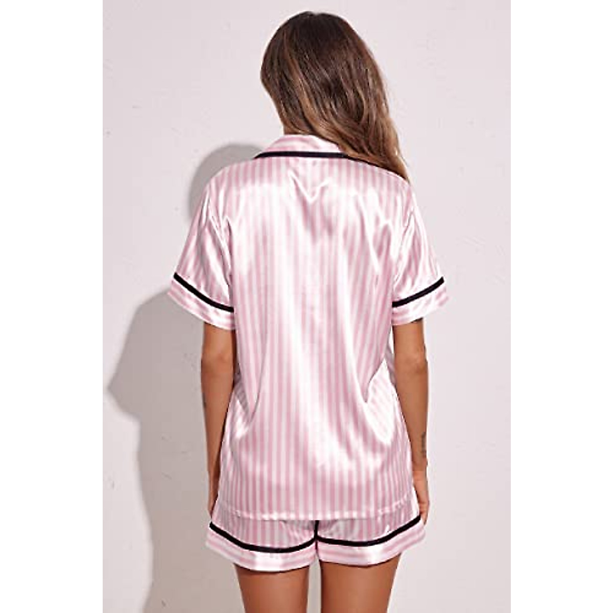 Ekouaer Womens Short Satin Pajama Sets Comfortable Relaxed Button Front Silk Sleepwear Set (Pink Stripe,L)