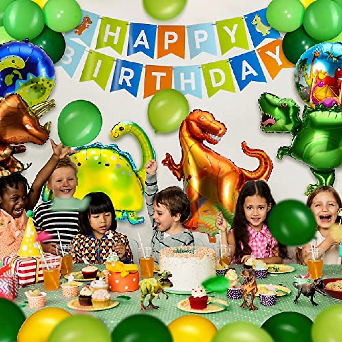 Dinosaur Birthday Party Decorations Supplies, 3 Years Old Boy Birthday Celebration Set Dinosaur Party Balloon Birthday Banner Dino Themed for Kid's Birthday Party, Gold Green