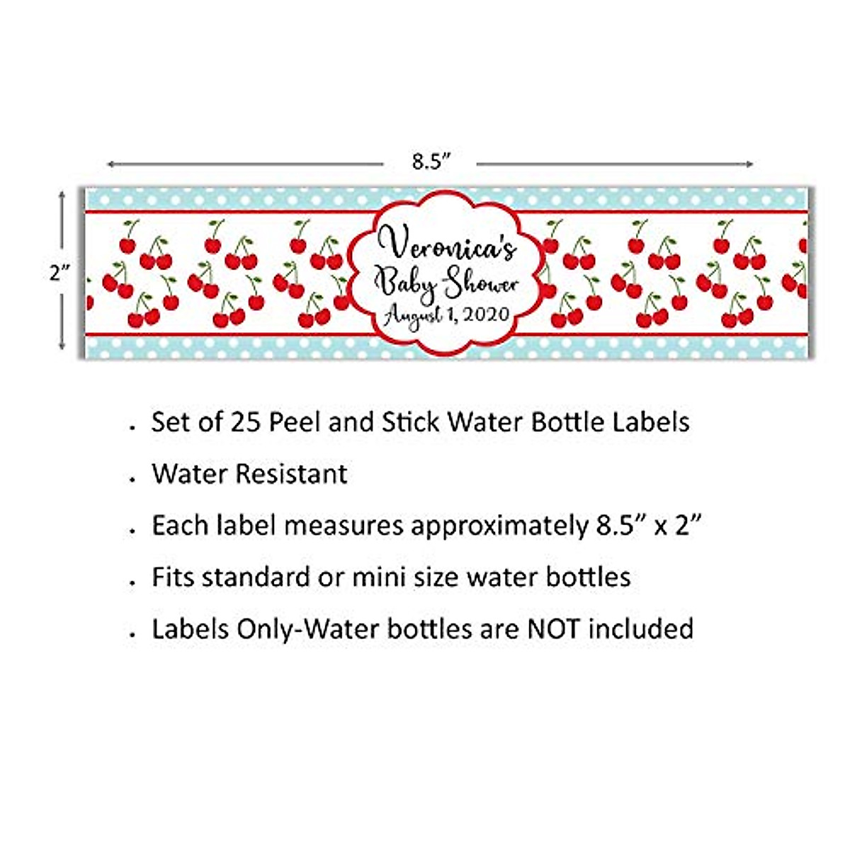 Cherry Pattern Water Bottle Labels, Pack of 25 Personalized Peel and Stick Waterproof Wrappers for Birthday Party Favors