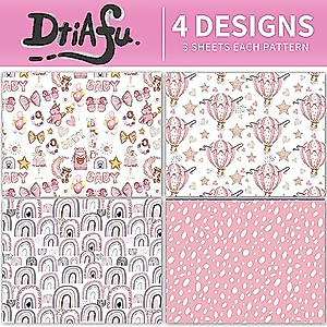 Dtiafu Baby Shower Wrapping Paper for Baby Girl - 12 Sheets Pink Gift Wrap with Baby Feet Bear Unicorn Rainbow Princess Shoes Designs - 20 x 28inch Per Sheet