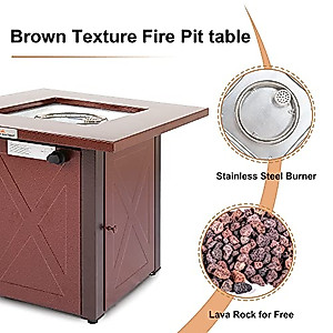 Propane Fire Pit Table 28" Outdoor Gas Fire Pit Table, 50000 BTU 28 inch Square Fire Table with Lid & Lava Rock, Brown Texture, for Outside Patio Yard Party Garden and Lawn