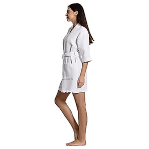 Chakir Turkish Linens Lightweight - Quick Dry Waffle Knit Bath, Spa and Bridesmaids Kimono Short Robe (White, One Size)