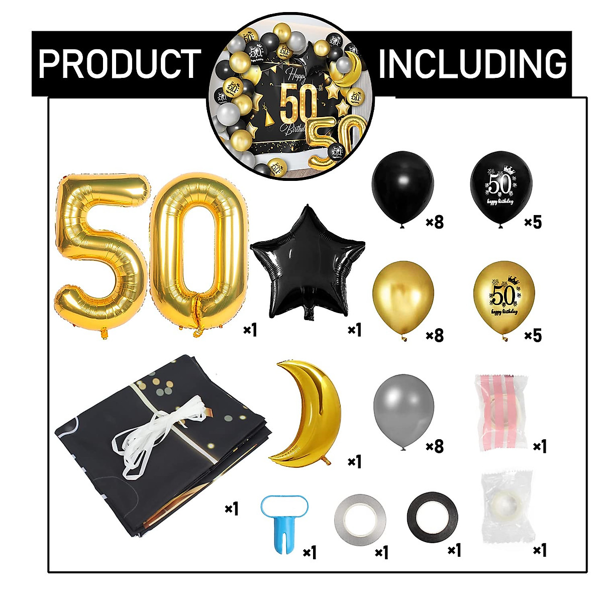 Happy 50th Birthday Balloons Gold Set Decor - Cheers to 50 Years Old Party Theme Garland Star Moon Banner Backdrop Decorations For Women and Men Supplies