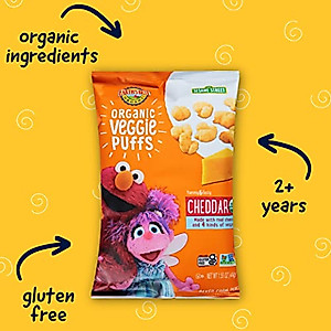 Earth's Best Organic Kids Snacks, Sesame Street Toddler Snacks, Organic Cheddar Veggie Puffs, Gluten Free Snacks for Kids 2 Years and Older, Cheddar, 1.55 oz Bag