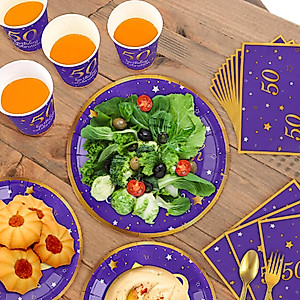 168PCS 50th Birthday Party Supplies Disposable Paper Plates Napkins Cups Knives Spoons Forks for Men women Purple and Gold 50 Birthday Party Decorations Serve 24