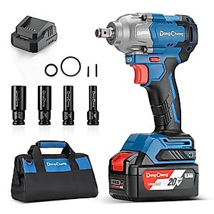 Dong Cheng 20V Cordless Impact Wrench, Max Torque 360 ft-lbs (488N.m), 1/2 inch with 3 Mode Speed, 2400 RPM Brushless Impact Gun, Includes 4.0Ah Battery, Charger, 4 Impact Sockets and Kit Bag
