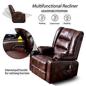 COMHOMA Massage Recliner Chair with Speaker Pu Leather Home Theater Recliner Chair with Heat Rocker Recliner with Heated Massage Ergonomic Lounge Swivel Cup Holder for Living Room Brown