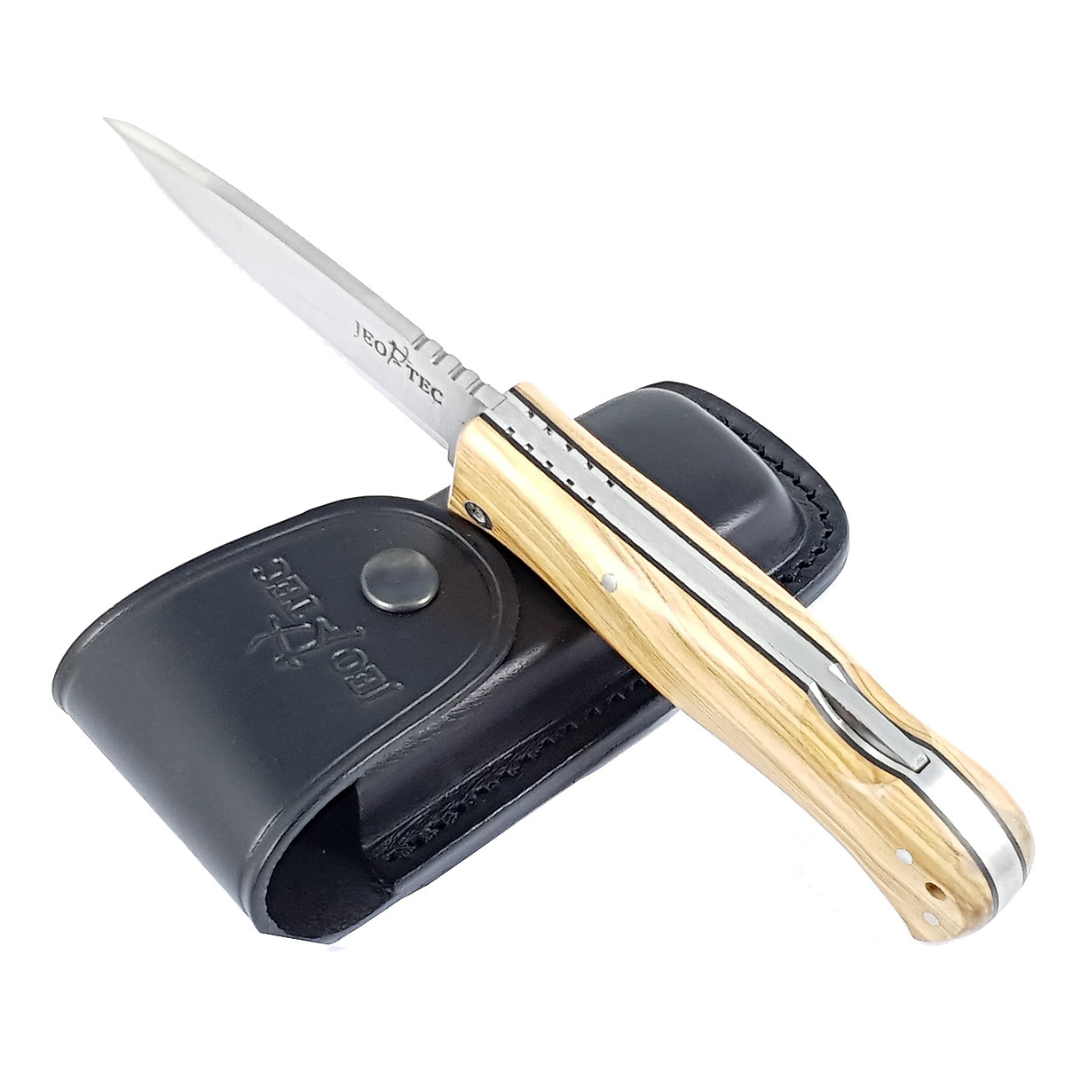 JEO-TEC Nº17 Bushcraft Survival Camping Hunting Fishing Outdoor Folding Knife, Stainless Steel Sandvik 14C28N, Genuine Leather Sheath, Handmade