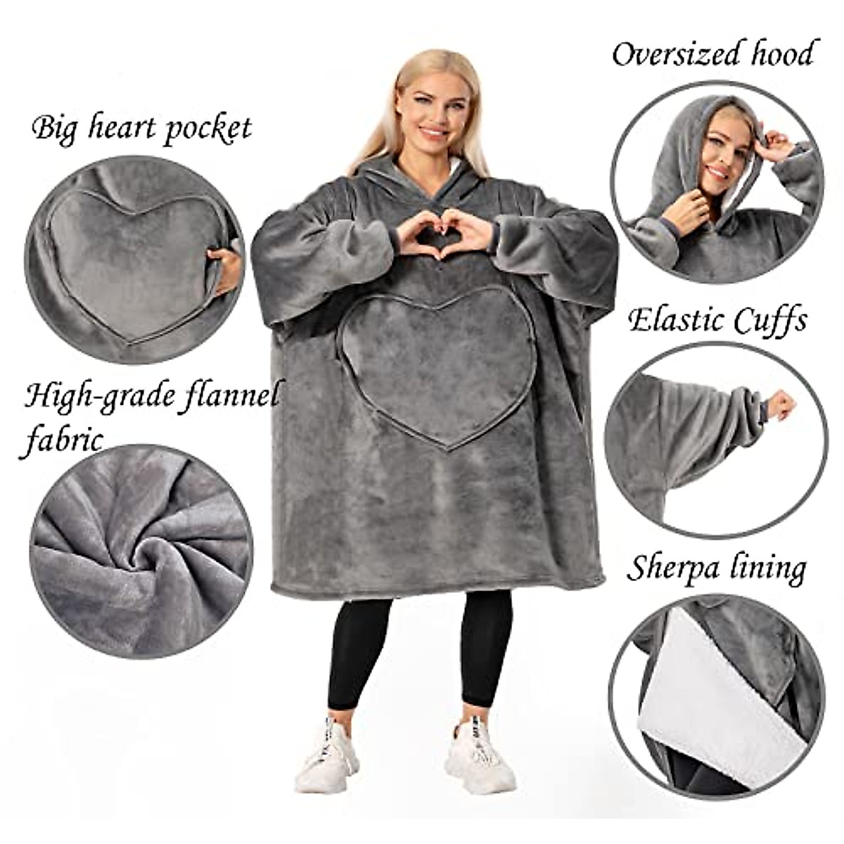Birity® Wearable Blanket Hoodie Newest,Oversized Hoodie Blanket in Sherpa Warm Plush Fleece,Fashion Super Soft Heart Large Pocket Hooded Sweatshirt,One Size Fits All Men,Women,Teens,Adults,Seniors.