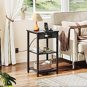 WLIVE End Table with Charging Station and USB Ports, 3-Tier Side Table with Adjustable Shelf, Side Table with Outlet for Small Spaces, Living Room, Bedroom, Black