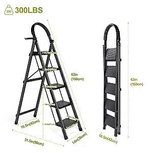 Timati 5 Step Ladder, Folding Step Stool, Wide Steps with Handrail Anti-Slip Step Ladder with Handgrip, Sturdy Steel Ladder, Lightweight and Portable Step Ladder for Home, Library, Office, Garage